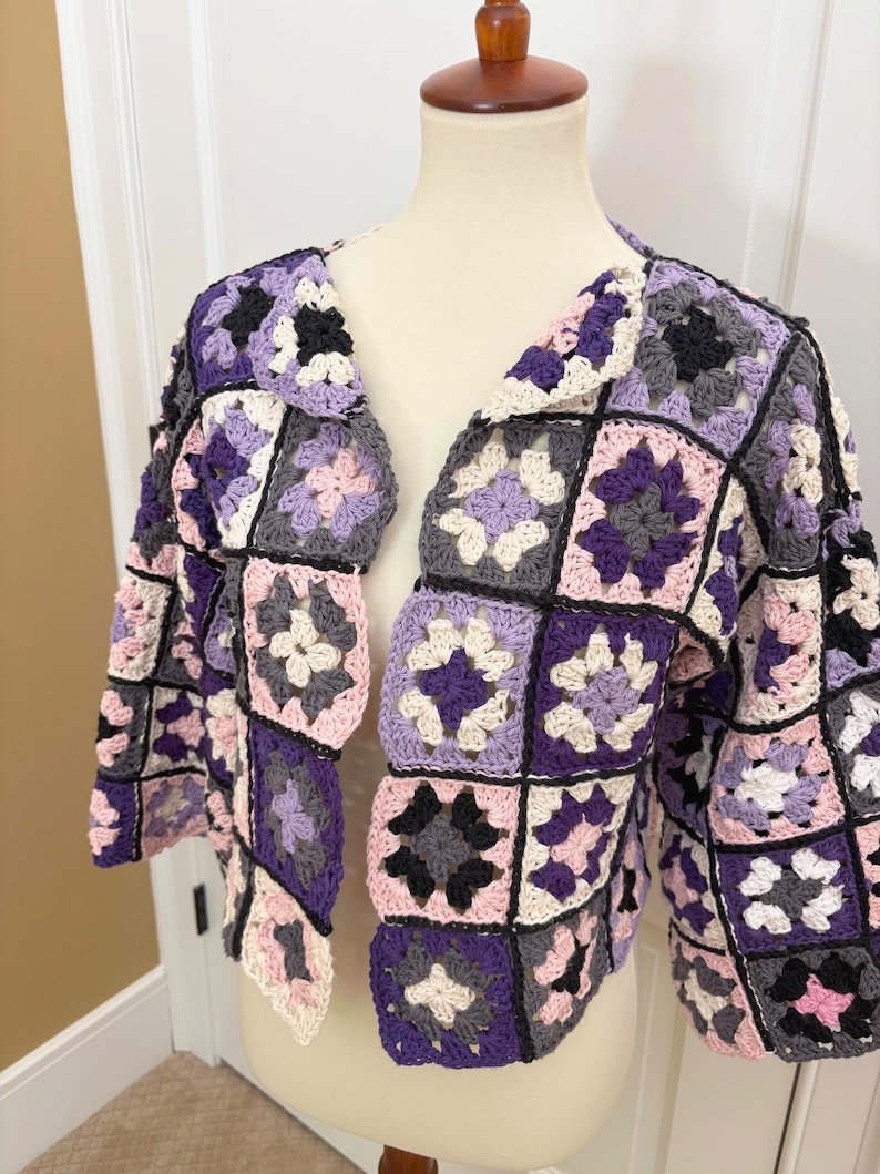 Granny Square Cardigan Jacket - L or XL Size Cropped Length Hand ...