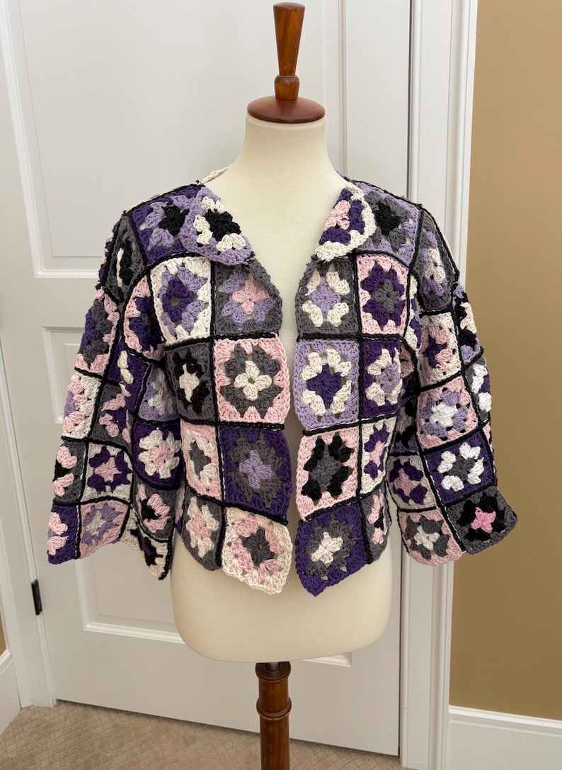 Granny Square Cardigan Jacket - L or XL Size Cropped Length Hand ...
