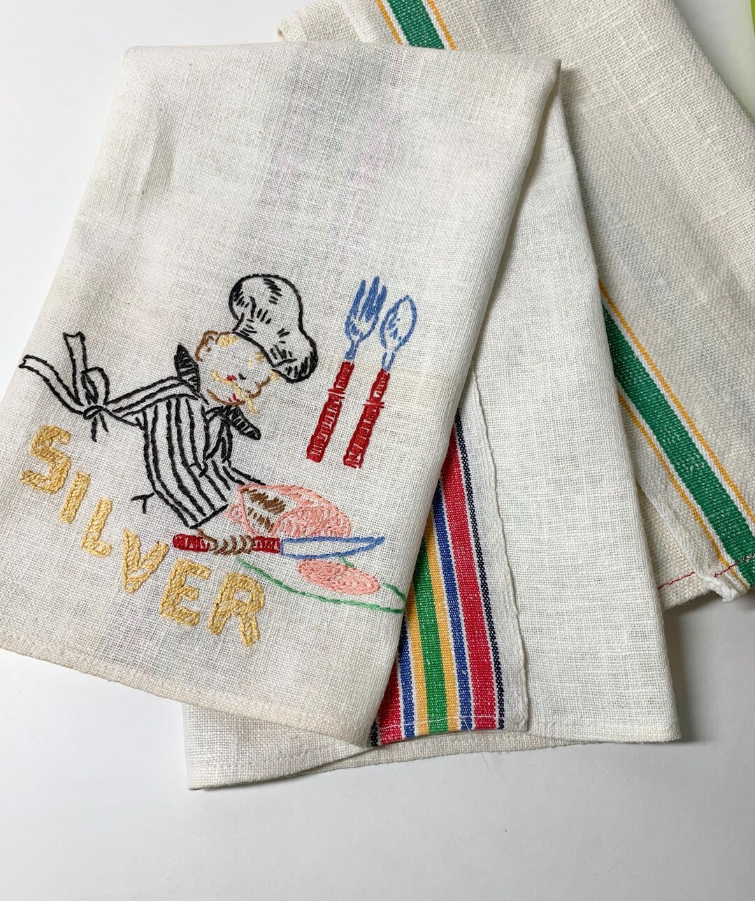 Vintage Linen Kitchen Towels: Embroidered Chef, Striped Edges, Set of 2 ...