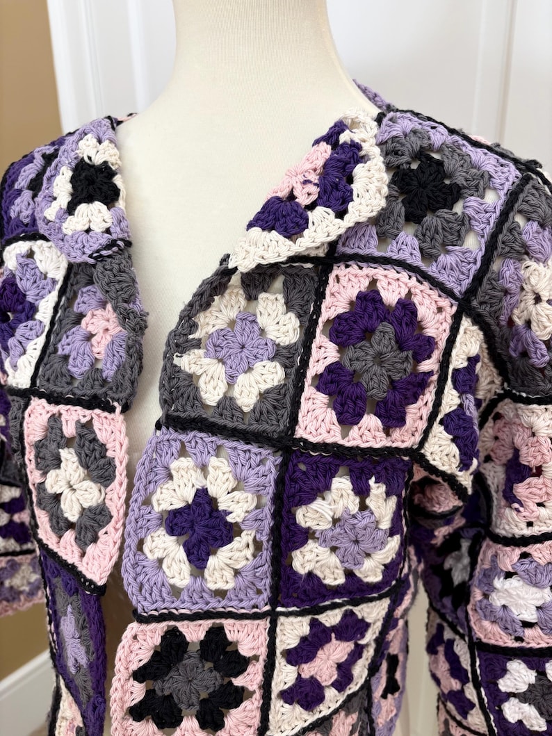 Granny Square Cardigan Jacket - L or XL Size Cropped Length Hand ...