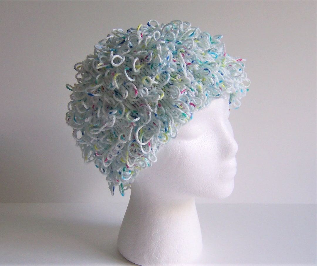 Chemo Hat With Faux Hair Curls, Multi-colored on Pale Blue Cotton Yarn ...
