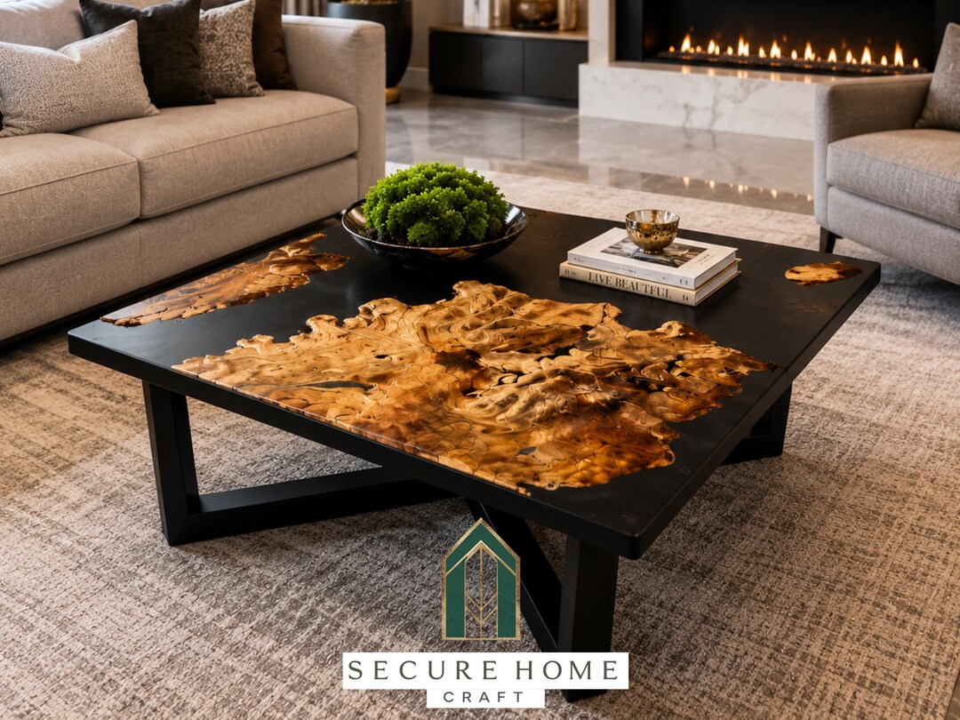 Black Epoxy Burl Wood Coffee Table Handmade Square Resin Coffee Table ...