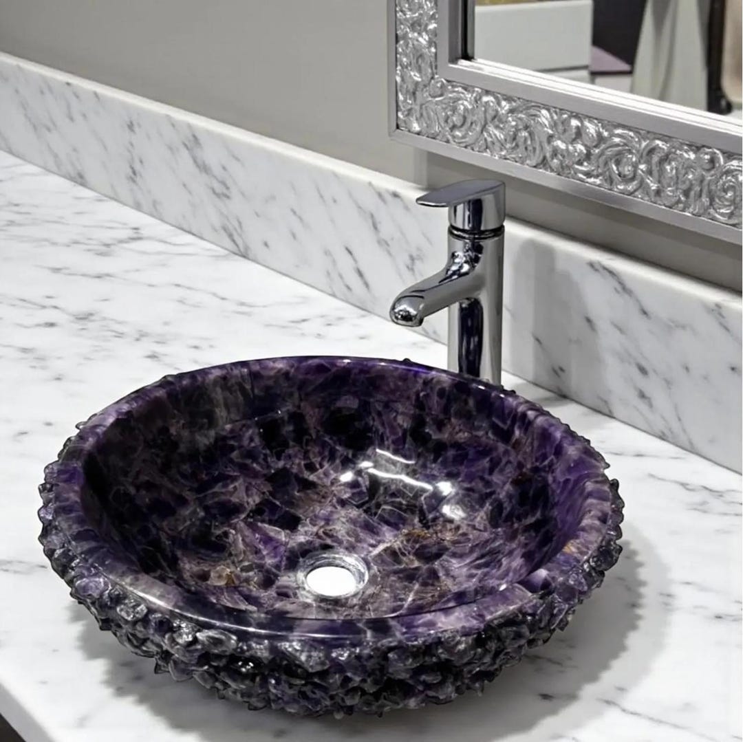 Round Amethyst Stone Sink Natural Purple Crystal Bathroom Basin Luxury ...