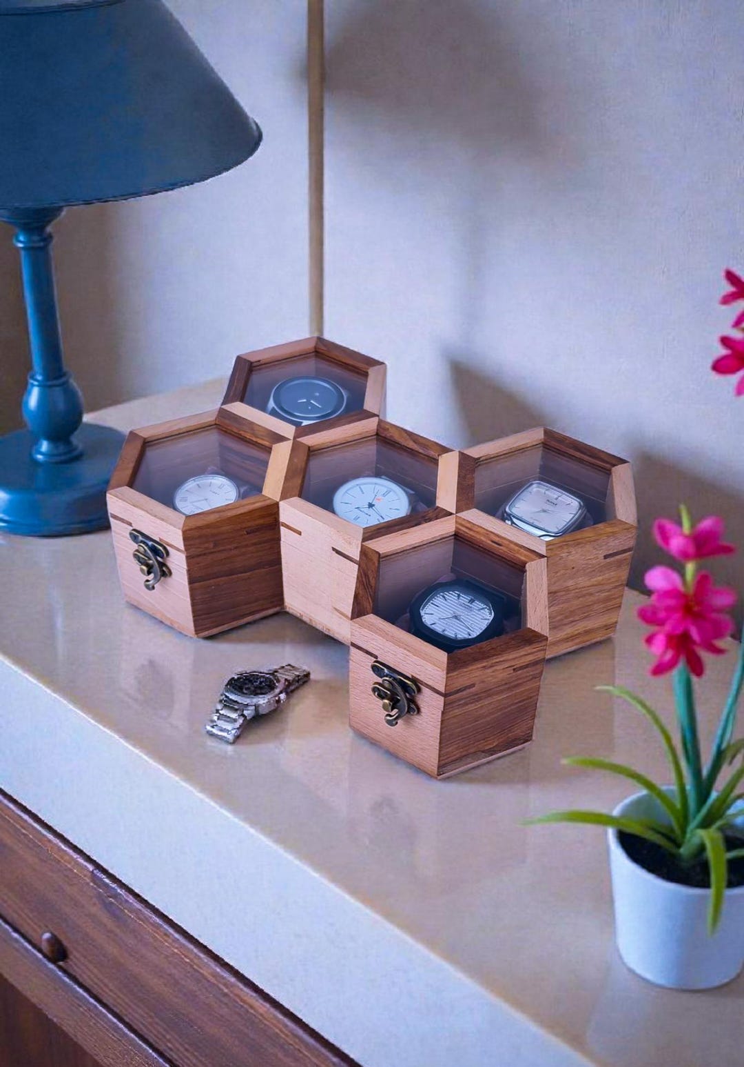 Honeycomb Wood Watch Box, Hexagon Watch Organizer, 5 Compartments - Etsy