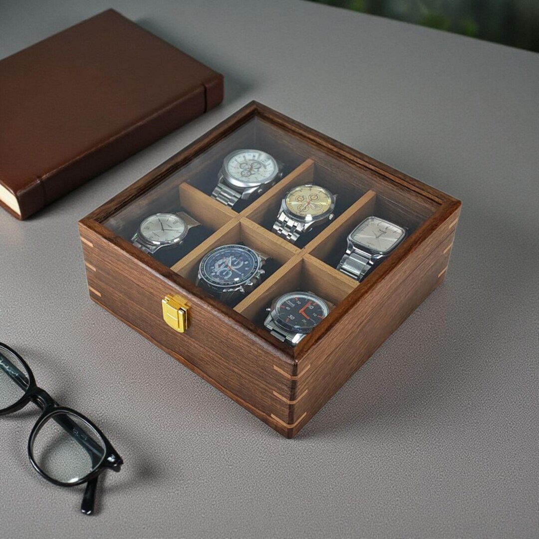 Luxury Wooden Watch Display Box With Glass Lid, 6 Compartments, Dark ...