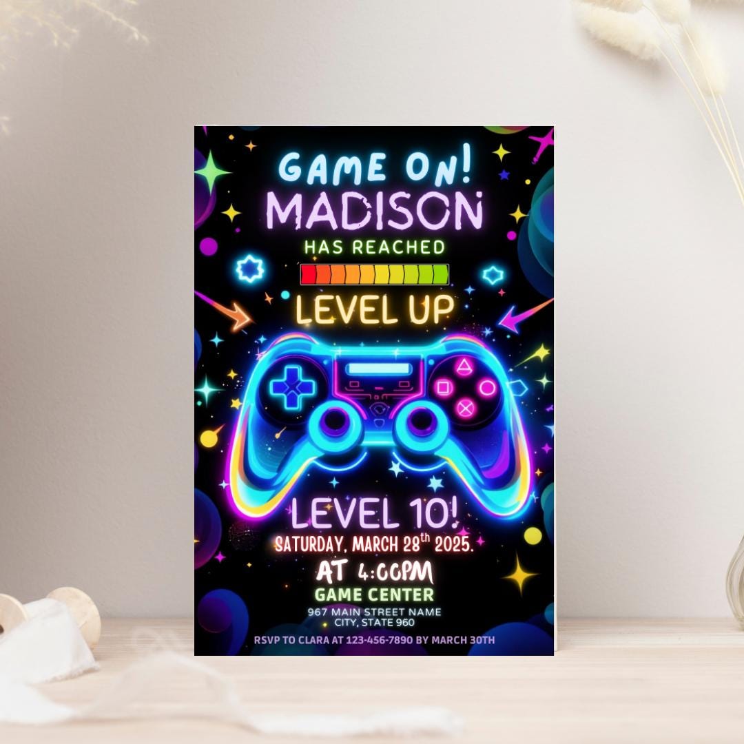 Neon Game on Birthday Invitation, Level up Party, 5x7 Canva Template ...