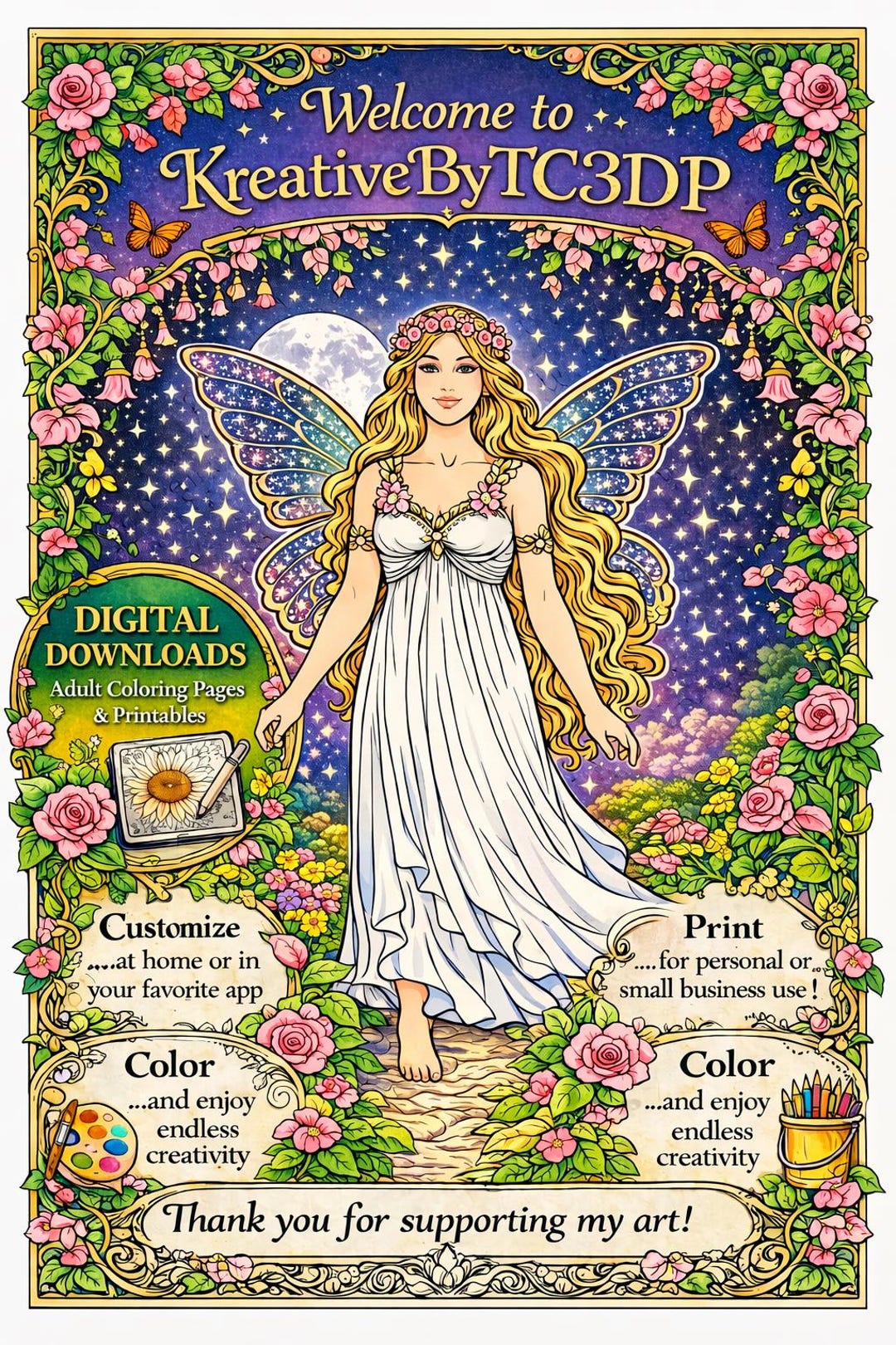 Adult Coloring Pages, Fairy Printables, Digital Art Downloads - Etsy