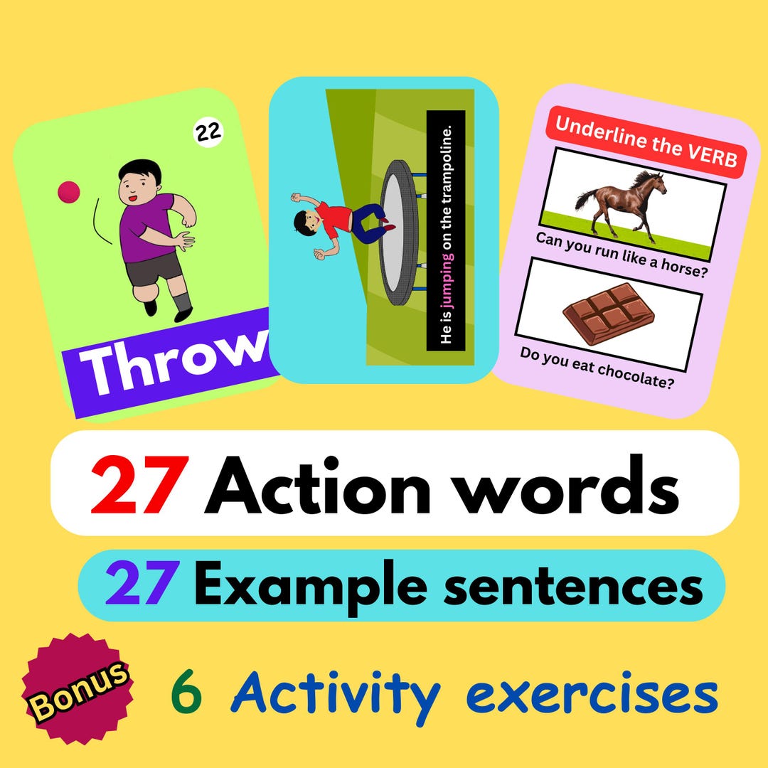 Action Words Flash Cards: Cartoon Verbs, ESL Learning (digital Download ...