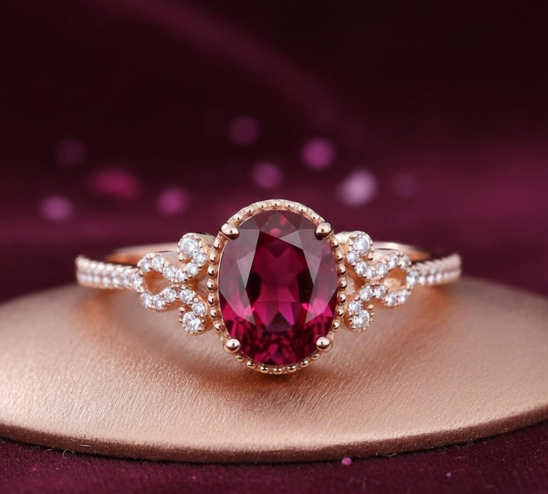 Oval Cut Red Ruby Engagement Ring in 14K Rose Gold, Vintage Filigree ...