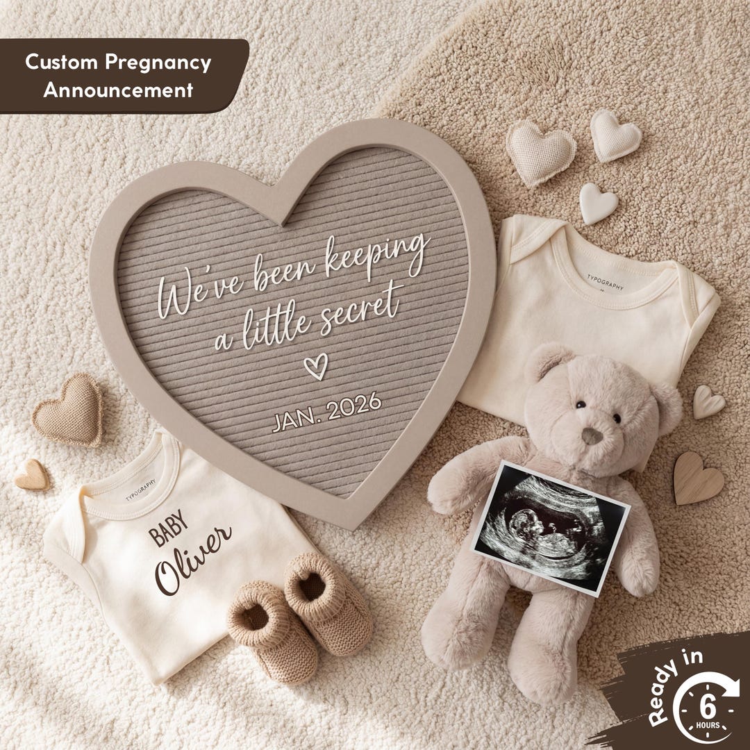 Custom Simple Gender Neutral Pregnancy Announcement With Heart Board ...