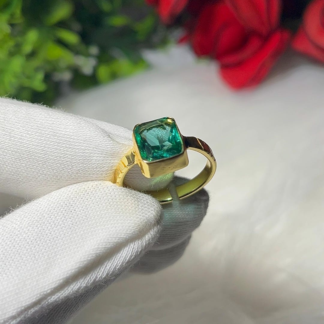 Rectangle Green Crystal Ring, Gold Brass Statement Gemstone, Handmade ...