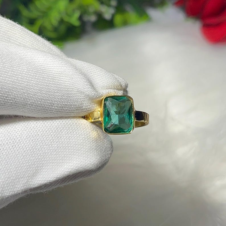 Rectangle Green Crystal Ring, Gold Brass Statement Gemstone, Handmade ...