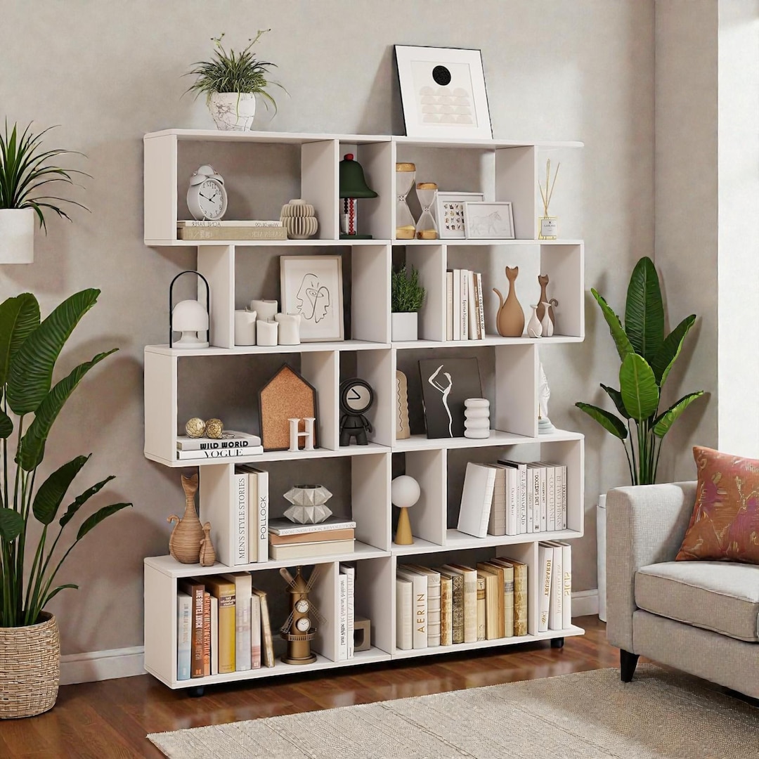 White Geometric Bookcase Set, Modern S-shaped Bookshelf, Room Divider ...