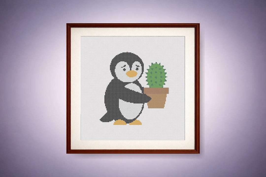 Penguin and Cactus Cross Stitch Pattern 150x150, Beginner DMC Animal ...