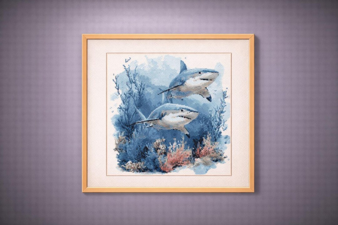 Sharks Underwater Cross Stitch Pattern Ocean Predator Embroidery Design ...
