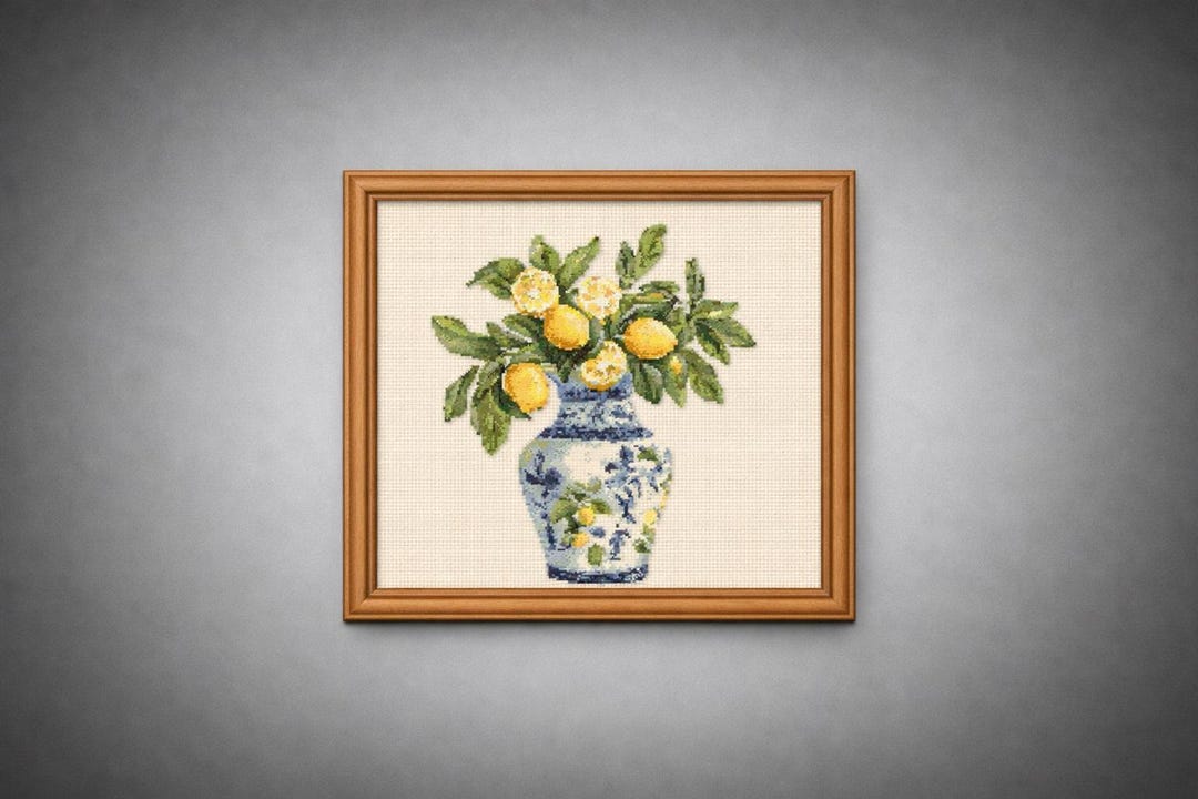 Lemons Vase Blue Cross Stitch Pattern, Fruit Embroidery Design PDF ...