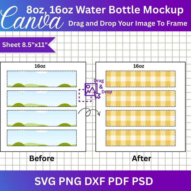 Water Bottle Mockup Bundle, 8oz & 16oz, Canva Frame (digital Download ...