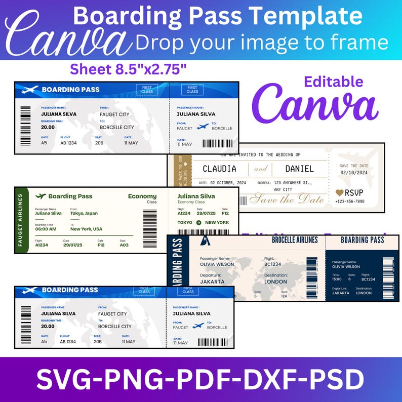 5 Boarding Pass Template Bundle, Canva Editable Travel Ticket Design - Etsy