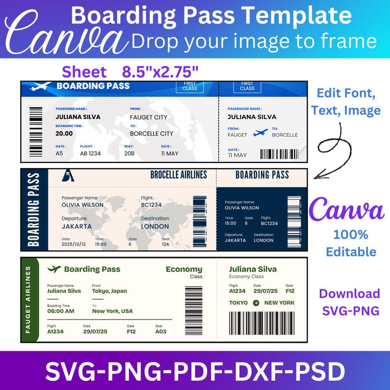 Ditable Boarding Pass Canva Template, Printable Airline Ticket ...