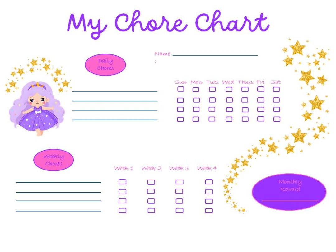 Princess Chore Chart for Kids | Daily & Weekly Chores With Rewards ...
