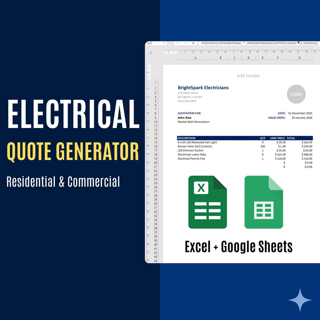 Electrical Estimator Excel Template | Contractor Quote Generator ...