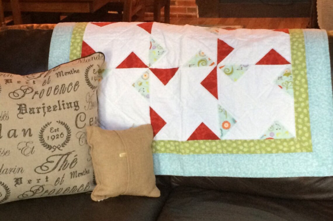 Red Aqua Modern Pinwheel Quilt Homemade Quilt Modern - Etsy