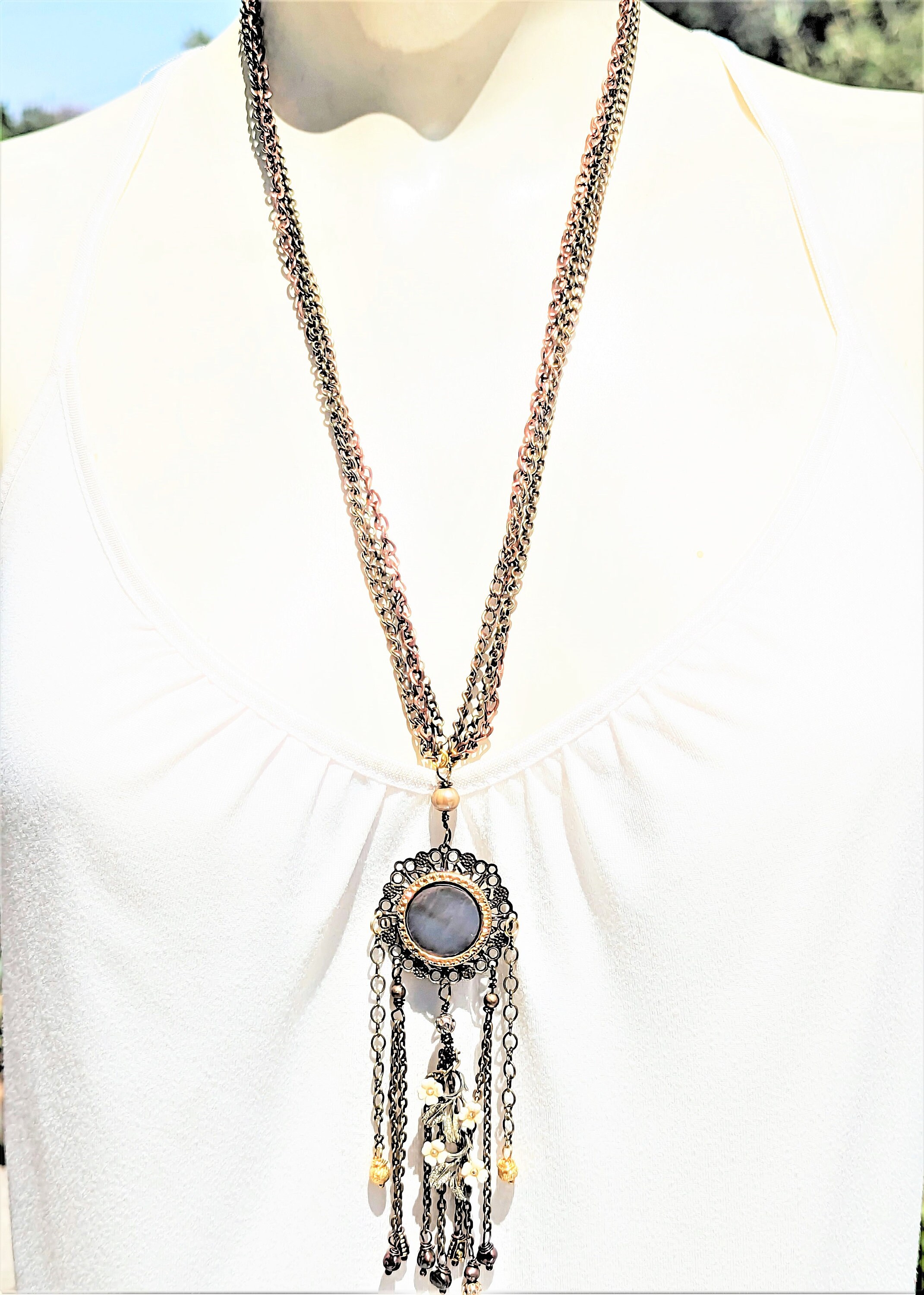 Assemblage Statement Necklace Two Sided Vintage Mother of Pearl Multi Strand Fringe Avon ...