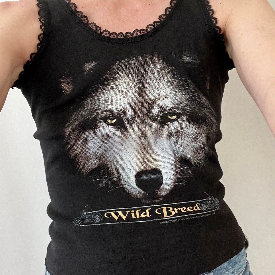 Vintage 1994 Black Wolf Tank Top / 90s Wild Breed Motorcycle Lace Trim ...