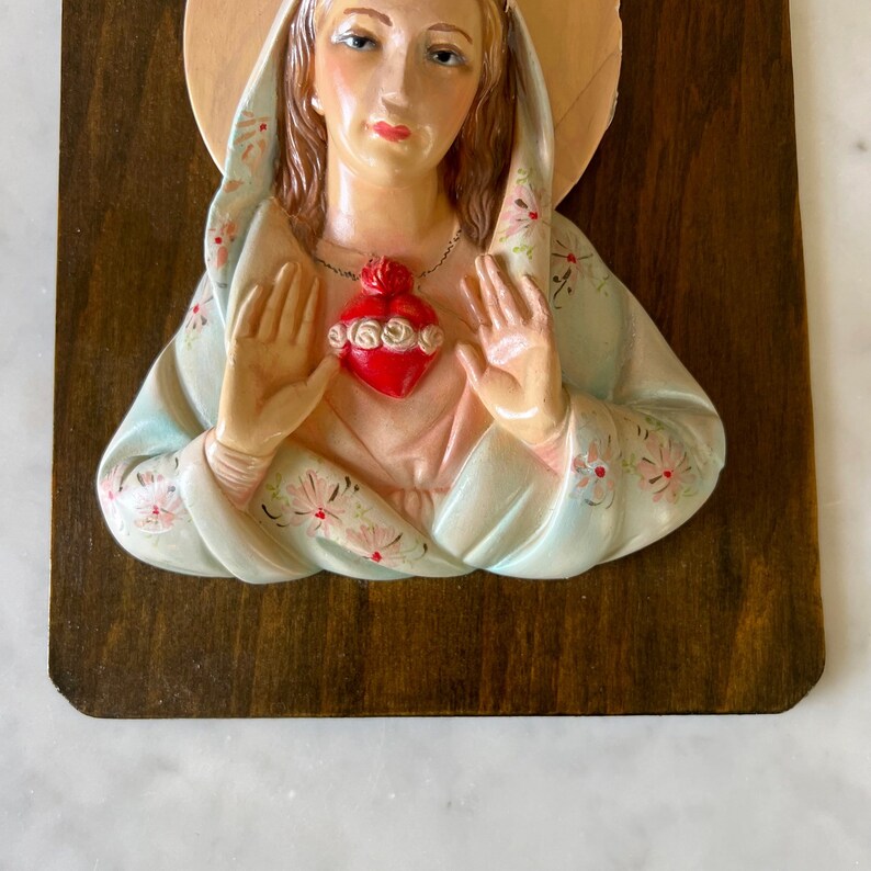 Vintage Scared Heart Mary Chalkware Wood Plaque Wall Hanging Room Decor ...