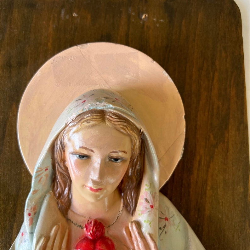 Vintage Scared Heart Mary Chalkware Wood Plaque Wall Hanging Room Decor ...