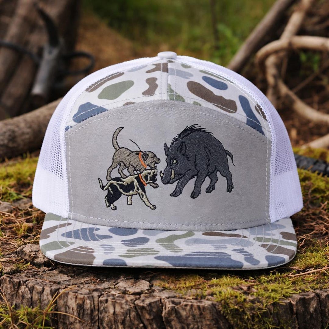 Hunting Dogs and Wild Boar Hat, 7 Panel Embroidered Bottomland /duck ...