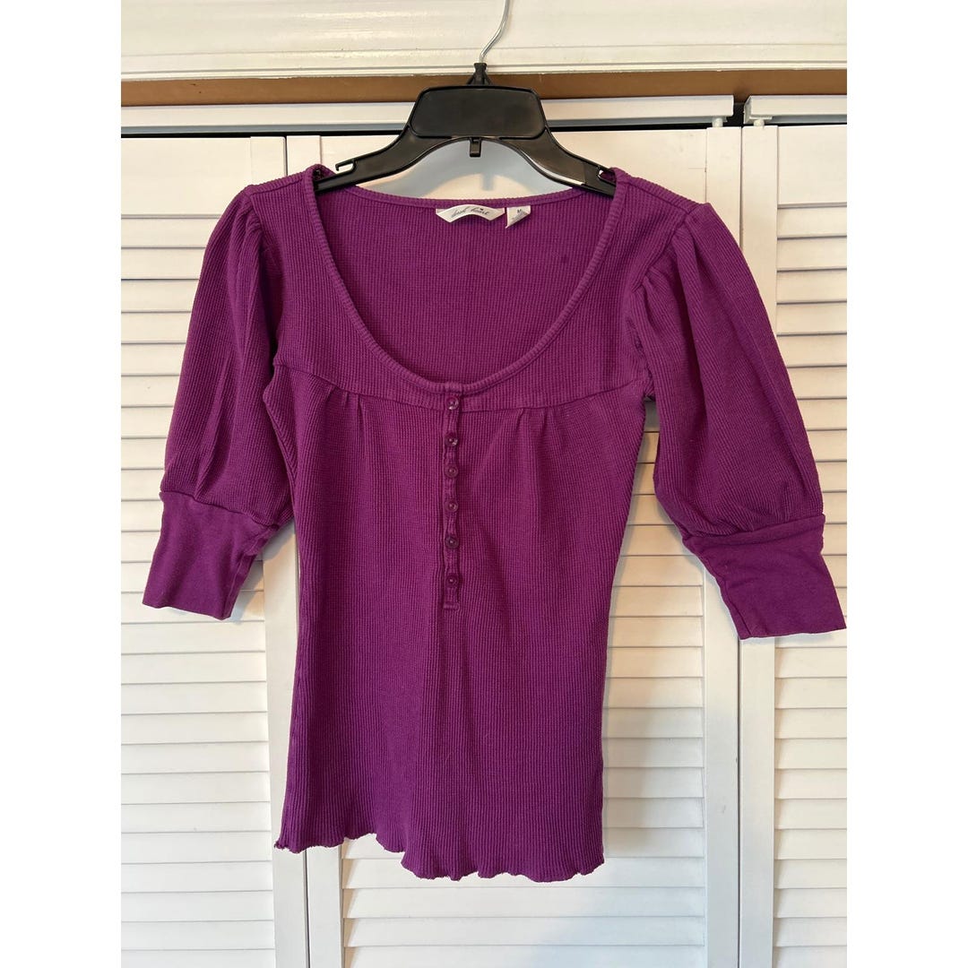 Vintage Derek Heart Purple Waffle Knit Henley Puff Sleeve Top Women M ...