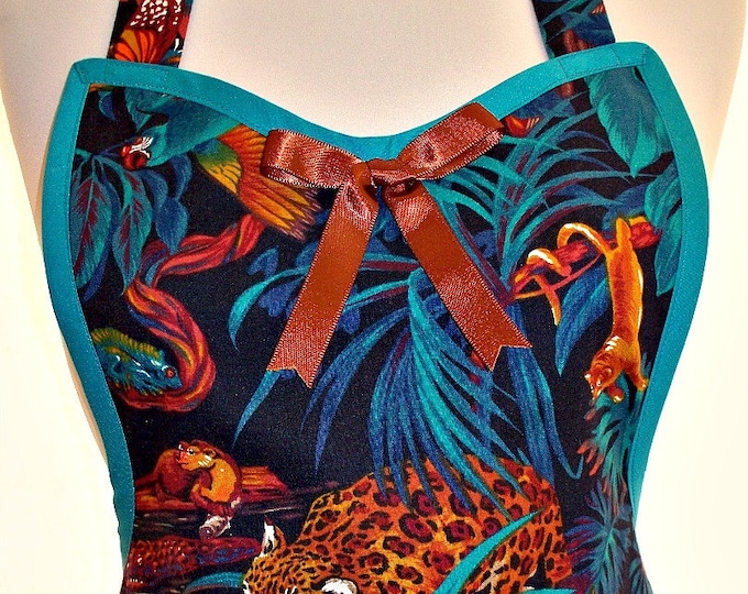 Apron JAGUAR Jungle CAT in Teal & Brown EXOTIC Hostess - Etsy