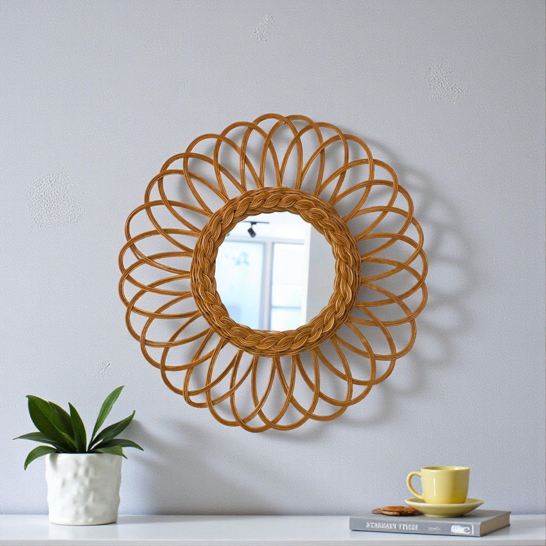 Handmade Rattan Mirror, Boho Wall Decor, Wicker Sunburst Mirror ...