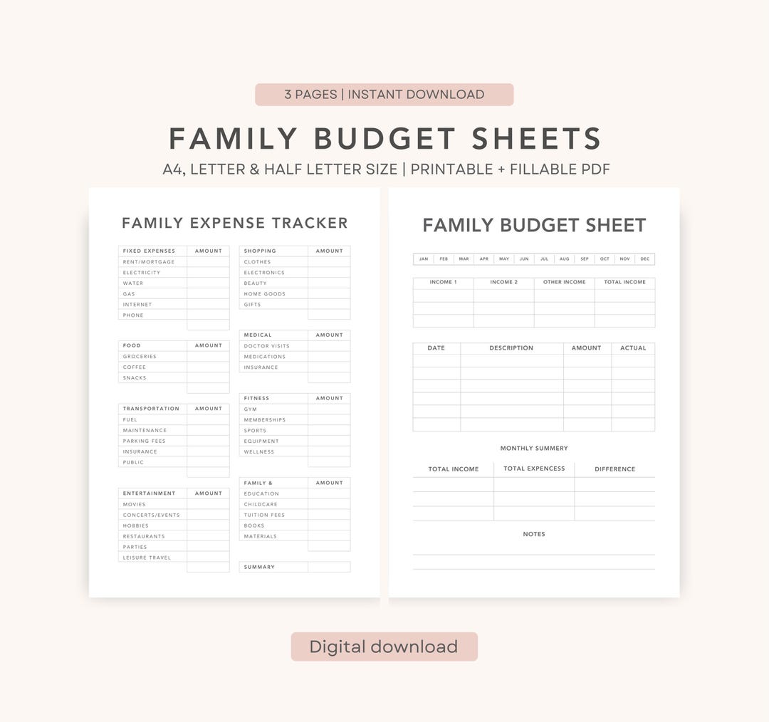 Family Budget Planner Printable PDF - Monthly Expense Tracker, Bill ...