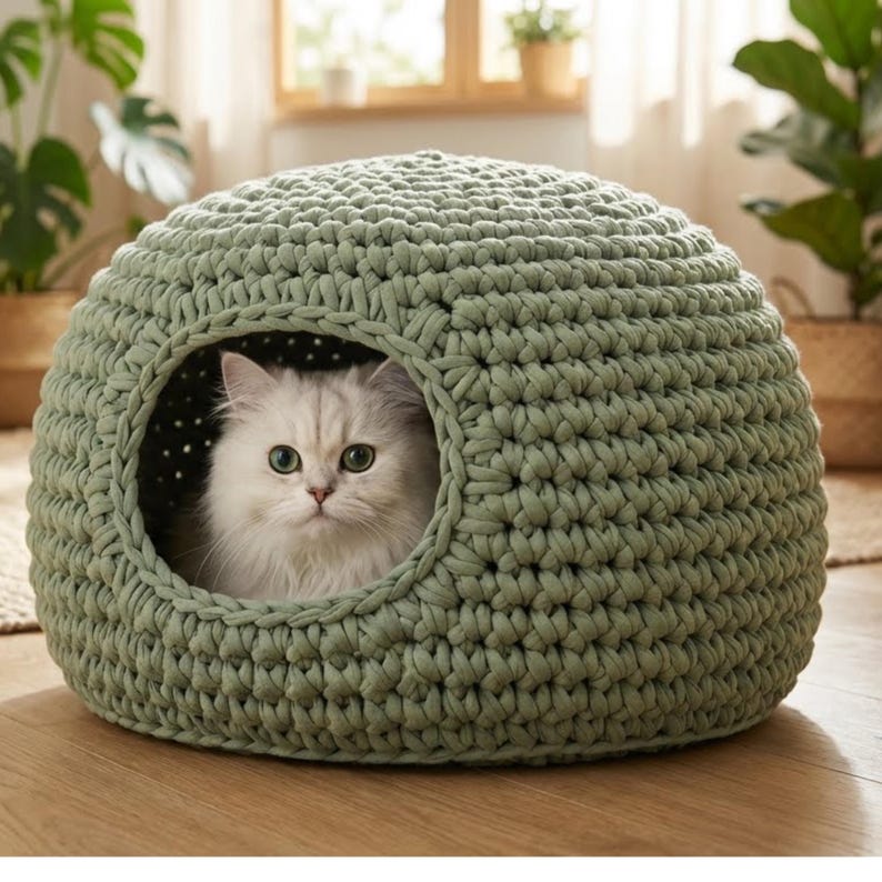 Crochet Cat Cave Pattern PDF, DIY Chunky T-shirt Yarn Pet Bed, Modern ...