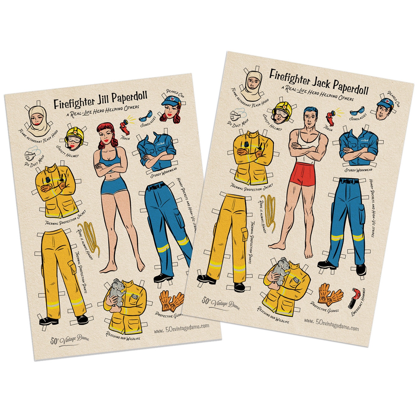 Printed Paper Dolls Firefighters Set of 2 Printed on Recycled Card Cut ...
