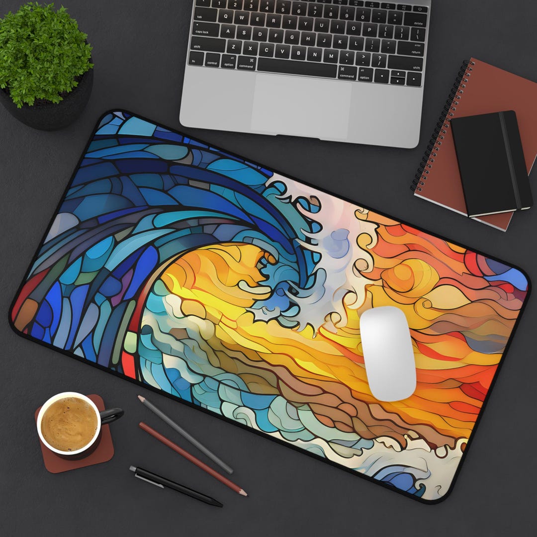 Ocean Wave Desk Mat, Stained Glass Look Neoprene Mouse Pad, Colorful ...