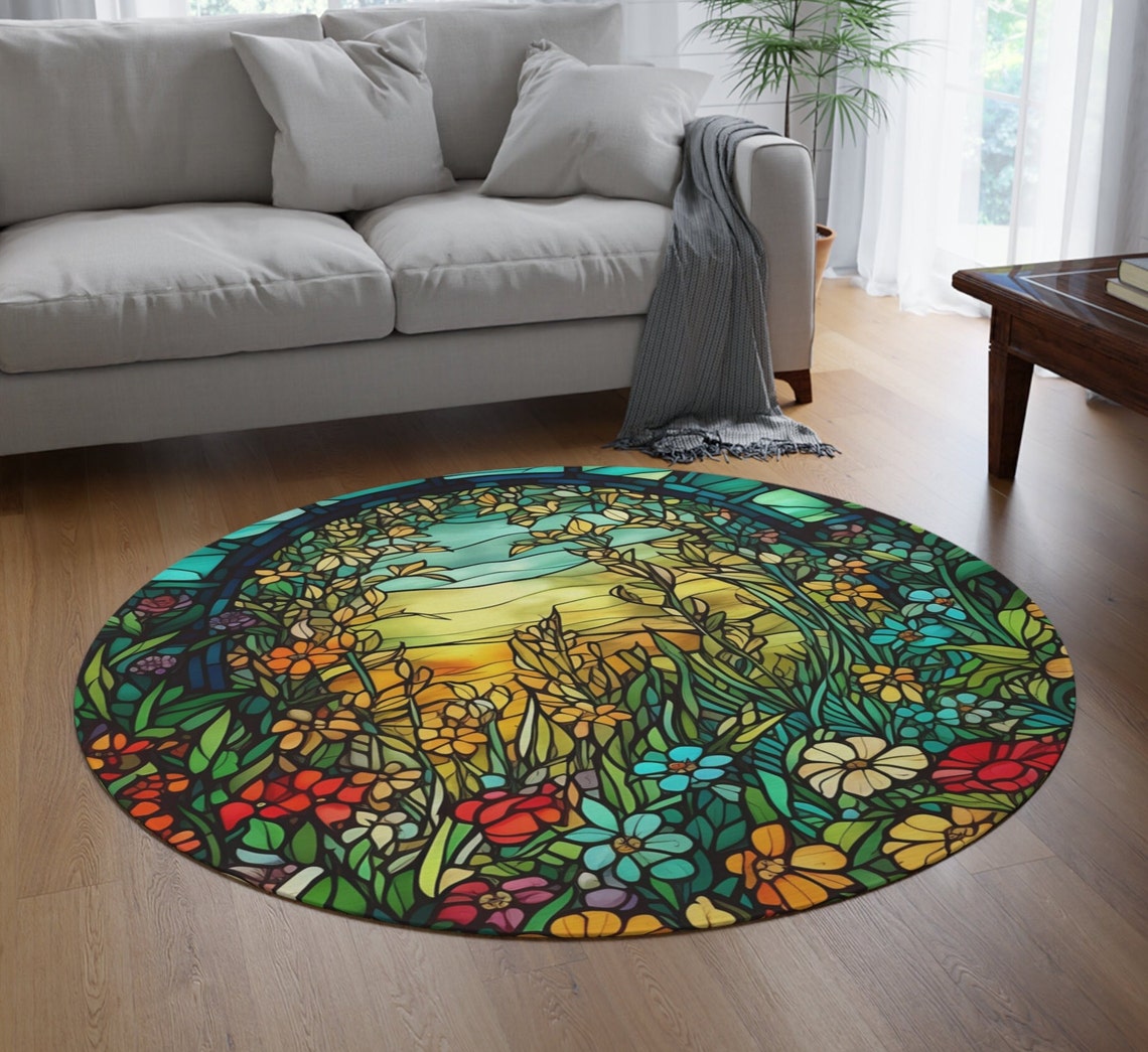 Stained Glass Look 60 Inch Round Rug, Floral Garden Home Decor ...