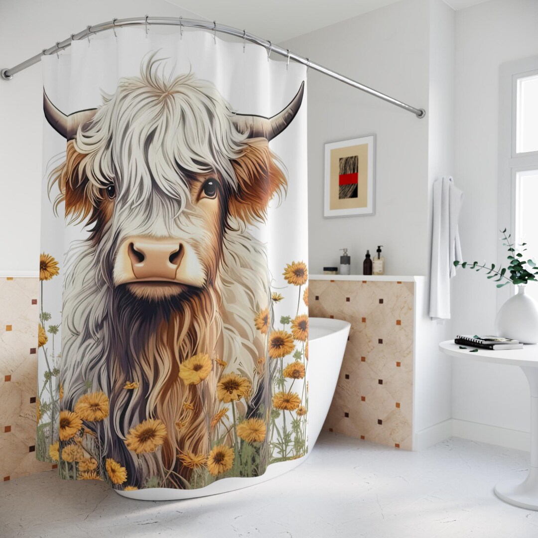 Adorable Highland Cow Shower Curtain, Cute Cow & Flowers Bathroom Decor ...