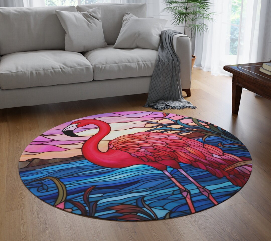 Beautiful Pink Flamingo 60 Inch Area Rug, Stained Glass Look Home Decor ...