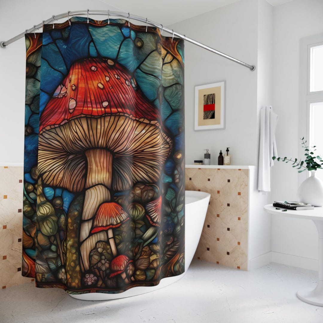Cool Mushroom Shower Curtain, Toad Stools Bathroom Decor, Stained Glass ...