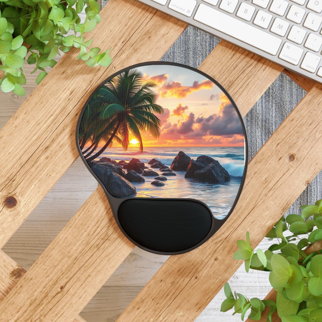 Tropical Mouse Pad With Wrist Rest, Beach Sunset Desk Accessory, Home ...