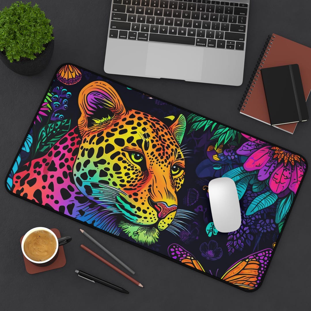 Vibrant Leopard Desk Mat, Colorful Home Office Decor, Stylish Computer ...