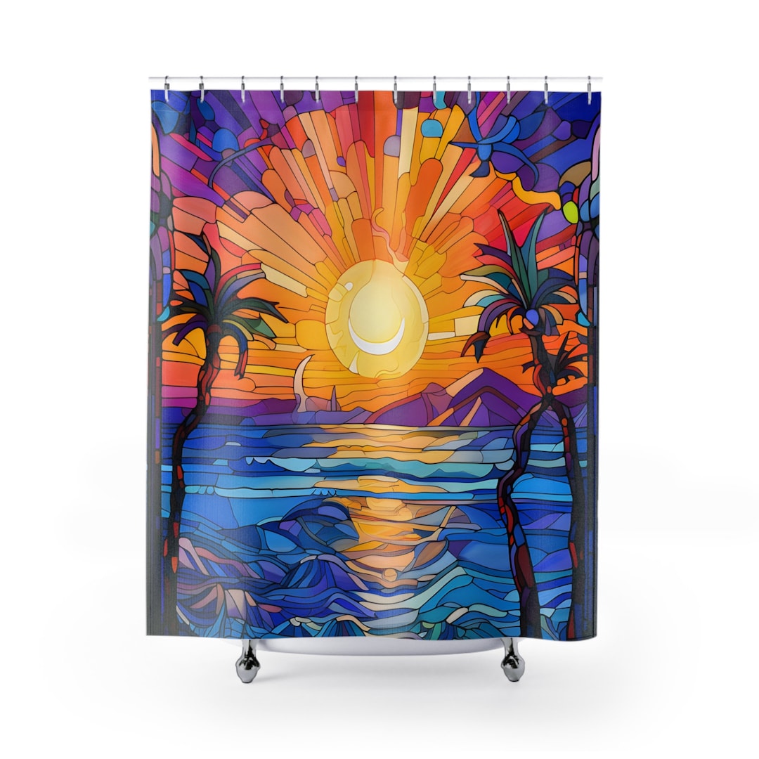 Colorful Ocean Sunset Shower Curtain, Tropical Stained Glass Look ...