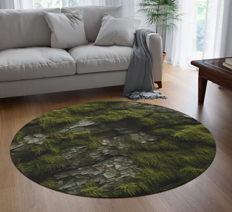 Rustic Tree Bark With Moss 60 Inch Round Rug, Primitive Home Decor ...