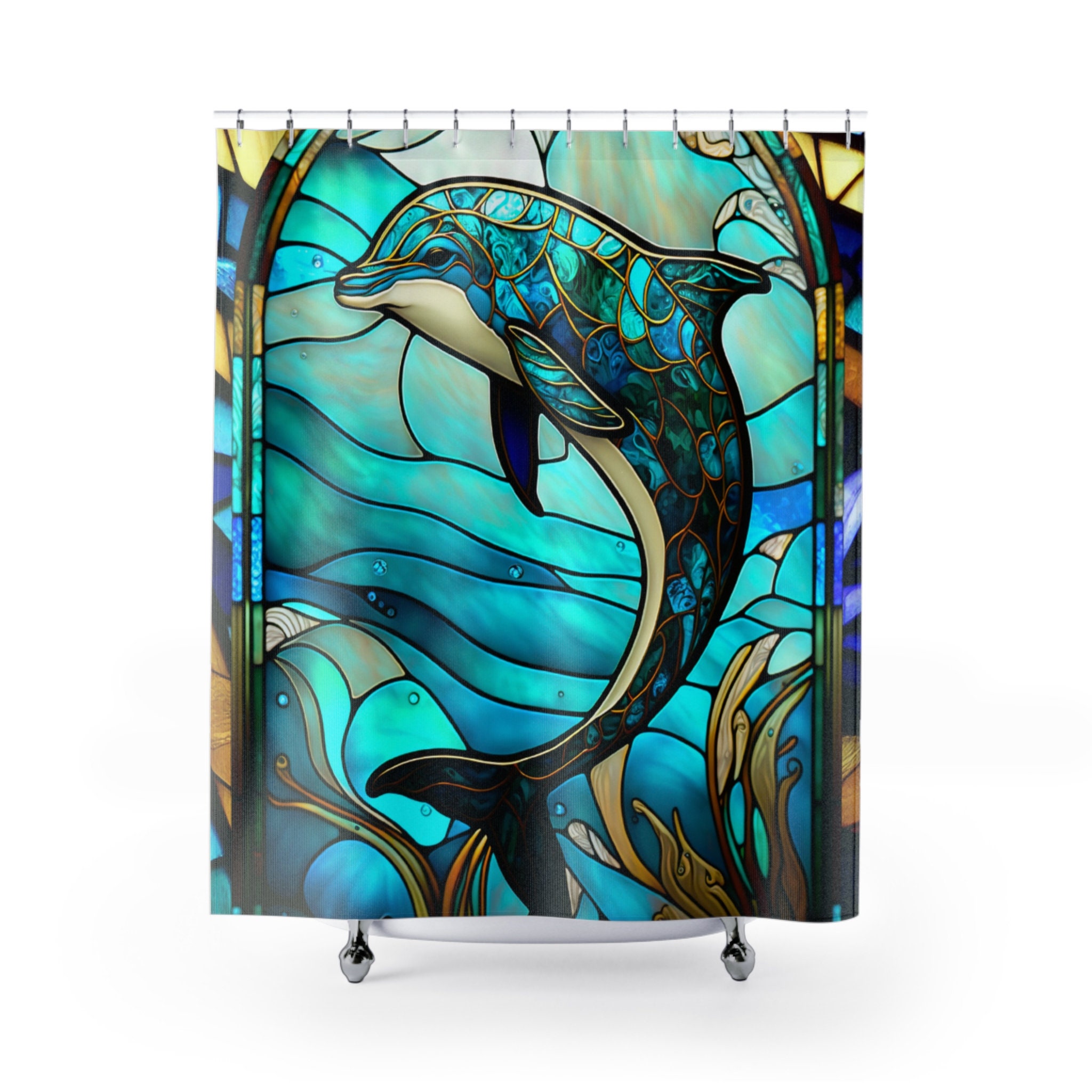 Dolphin Shower Curtain, Stained Glass Look Bathroom Decor, Tropical ...