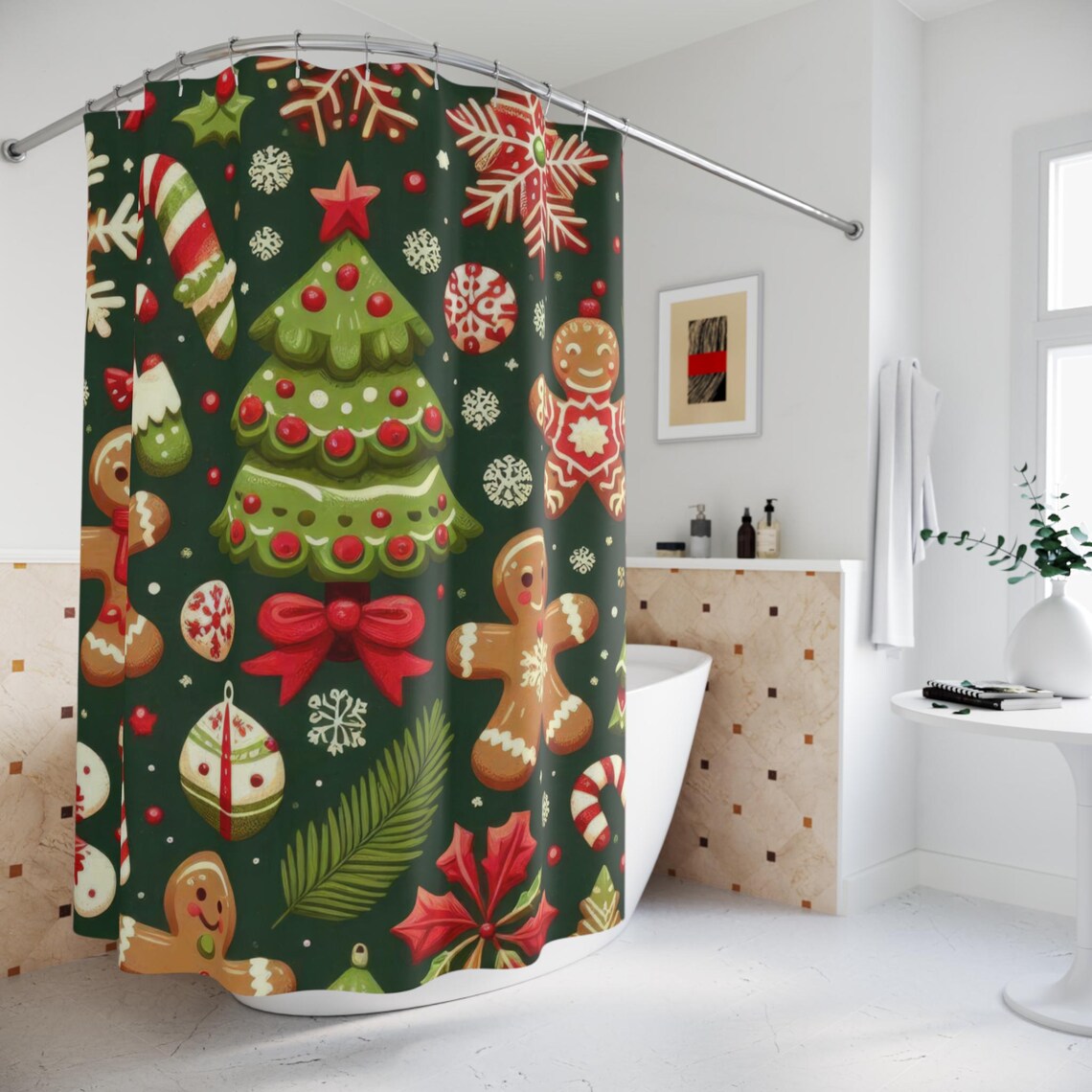 Christmas Gingerbread Man Shower Curtain, Holiday Themed Bathtub Decor ...