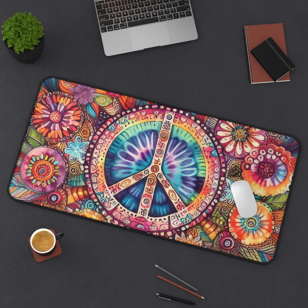 Floral Tie Dye Look Desk Mat, Peace Sign Neoprene Home Office Decor ...