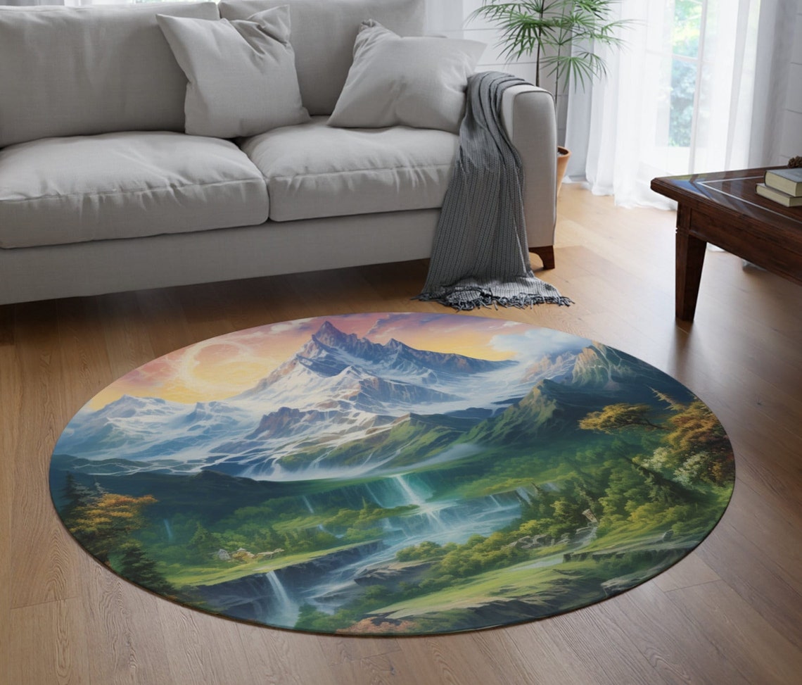 Beautiful Mountain Scene 60 Inch Round Rug, Colorful Trees Waterfall ...